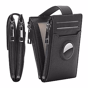 Womens AirTag Wallet, Genuine Leahter Bifold Credit Card Holder Wallet for Women, Slim Multi Card Case Zipper Coin Purse, Thin Leather Card Wallet with Zipper Pocket (Black)