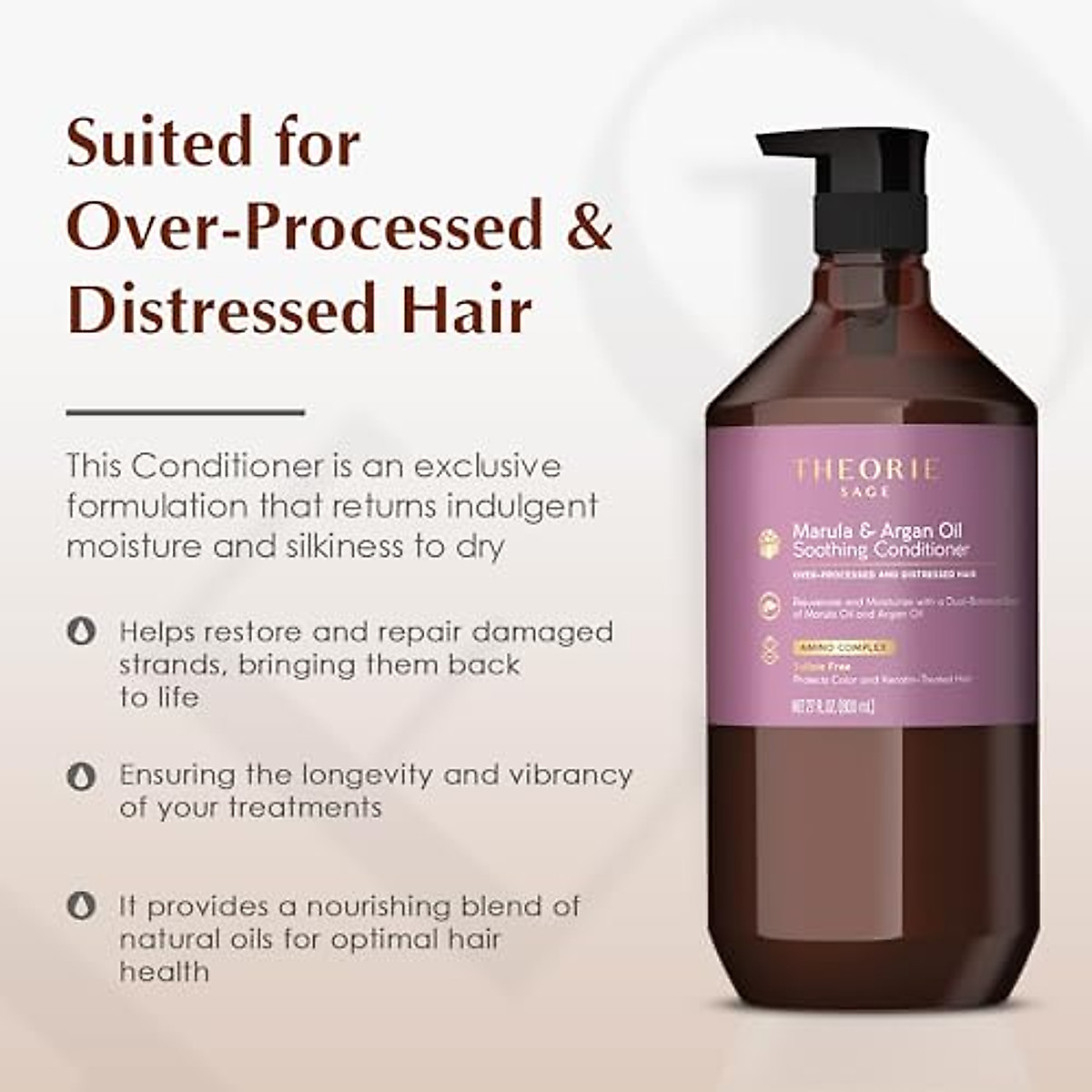 Theorie Marula and Argan Oil Soothing Conditioner - Rejuvenate & Moisturize - Suited for Over-Processed & Distressed Hair - Protects Color and Keratin Treated Hair, Pump Bottle 800mL