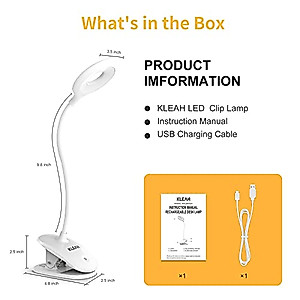 KLEAH Clip on Light for Bed & Desk, Reading in Bed, Dorm, Flexible Gooseneck, Battery Operated Rechargeable Clamp Lamp for Headboard, Eye-Caring LED Light with 3 Brightness Modes