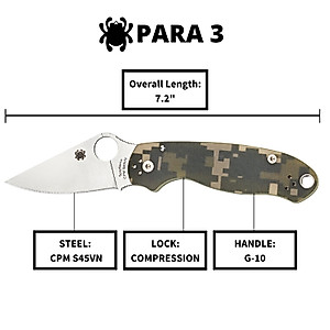 Spyderco Para 3 Camo 7.24" Signature Knife with 2.95" Stainless Steel Blade and Durable G-10 Handle - PlainEdge Serration - C223GPCMO