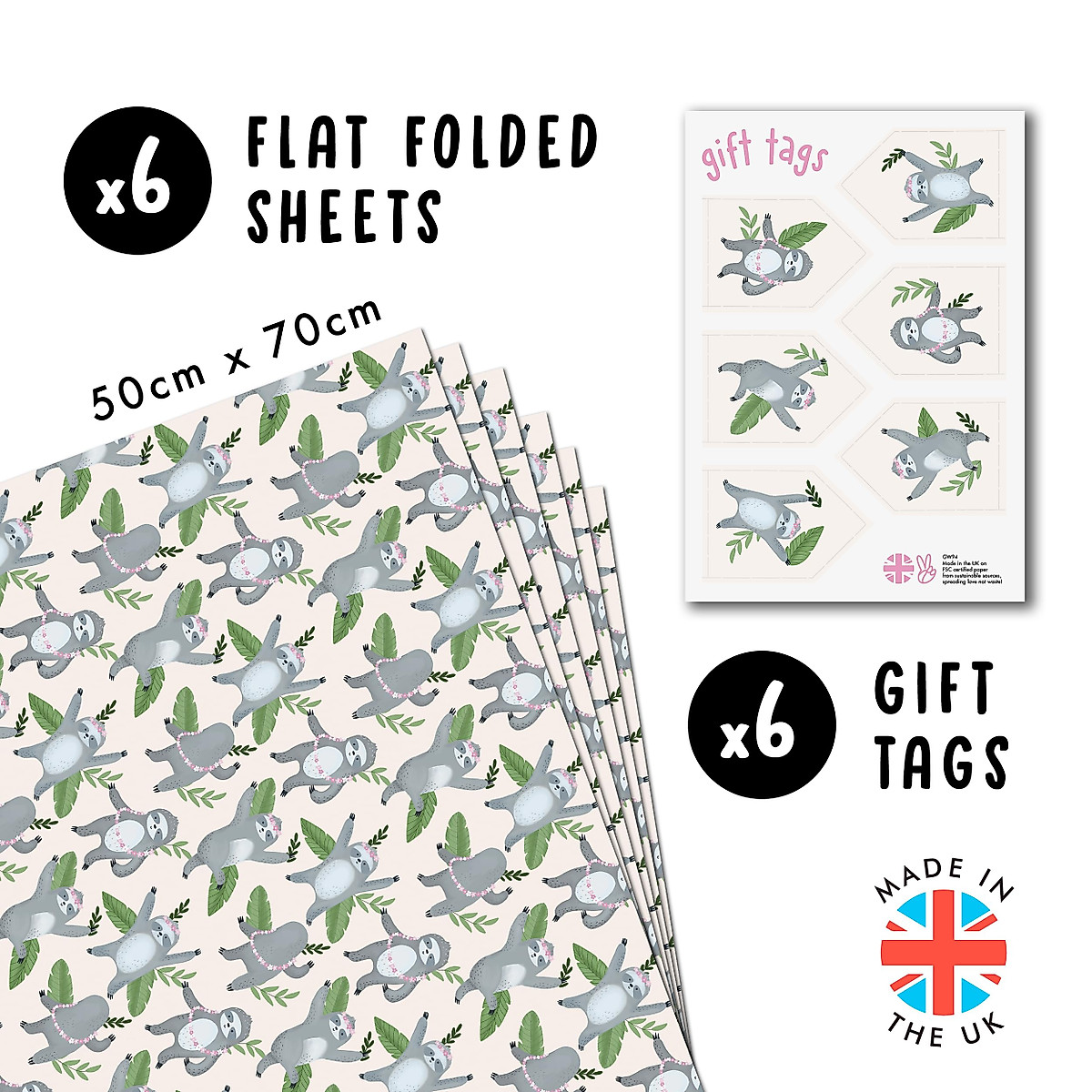 CENTRAL 23 - Sloth Wrapping Paper - 6 Gift Wrap Sheets - Fun GiftWrap for Men Boys Teenagers - Birthday - Made in the UK - Recyclable