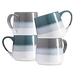 Heartland Hive Set of 4 Stoneware Coffee Mugs- Ombre Printed Bright & Colorful Coffee Cups, Mugs for Tea, Latte, and Hot Chocolate, 20 oz (Blue and Grey)