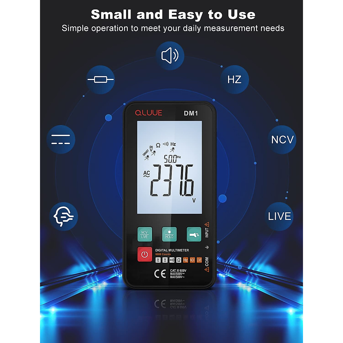 QLUUE Digital Multimeter, 5999 Counts Multimeter with Smart Mode, NCV Test, DC/AC Voltmeter Tests Voltage, Resistance, Frequency, Continuity and Live Cables, Multi Tester for Household, Automotive