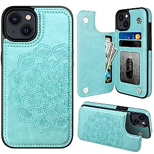 MMHUO for iPhone 14 Case with Card Holder, Flower Magnetic Back Flip Case for iPhone 14 Wallet Case for Women, Protective Case Phone Case for iPhone 14,Mint