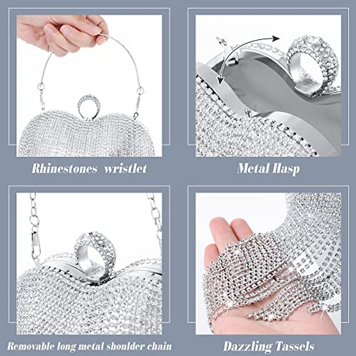 9 Pieces Women Rhinestone Crystal Jewelry Set Crystal Evening Clutch Purse Rhinestone Tassel Choker Necklace Glitter Dangle Fringe Earrings Bracelet Ring for Women Wedding Bridal Party (Heart Style)