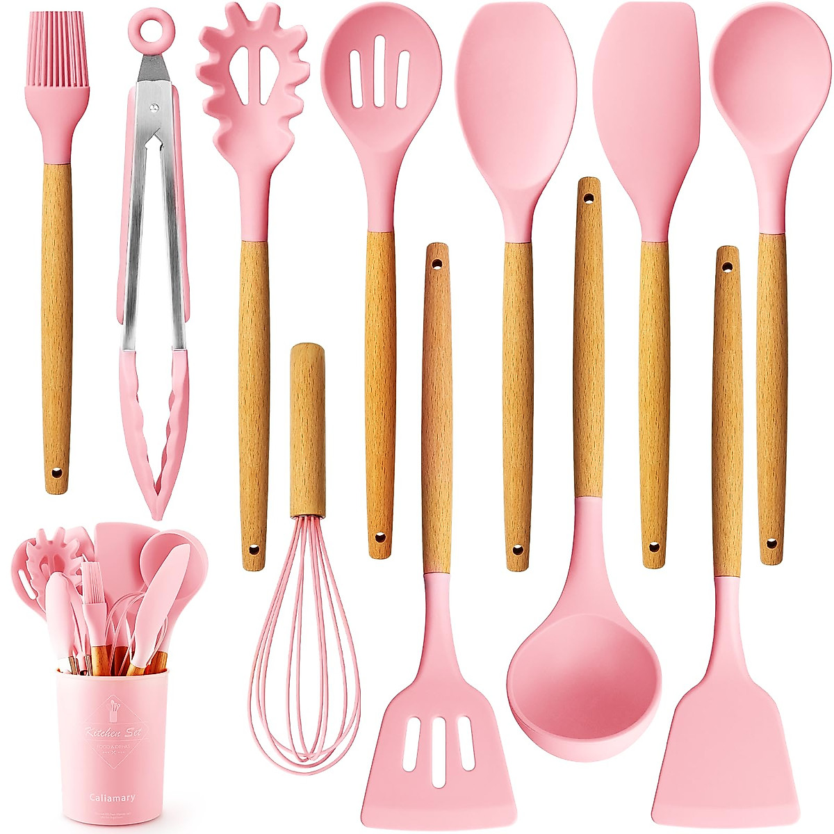 Caliamary Silicone Kitchen Utensil Set, 11 Pieces Cooking Utensil with Wooden Handles, Utensil Holder for Nonstick Cookware, Spoon, Soup Ladle, Slotted Turner, Whisk, Tongs, Brush, Pasta Server (Pink)