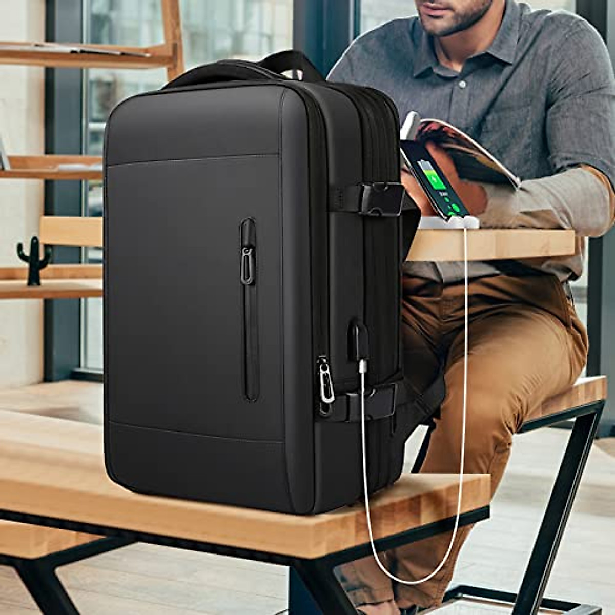 Large Laptop Travel Backpack for Women Carry On Airline Flight Approved Expandable Work Personal Item size Backpack with laptop compartment for College Men Hiking Waterproof Mochila de Viaje Black