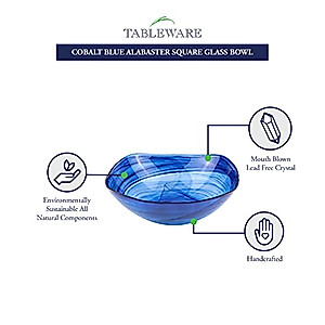 Badash Alabaster Square Glass Centerpiece Bowl - 10" Handcrafted European Mouth-Blown Cobalt Blue Glass Pedestal Fruit or Accent Bowl