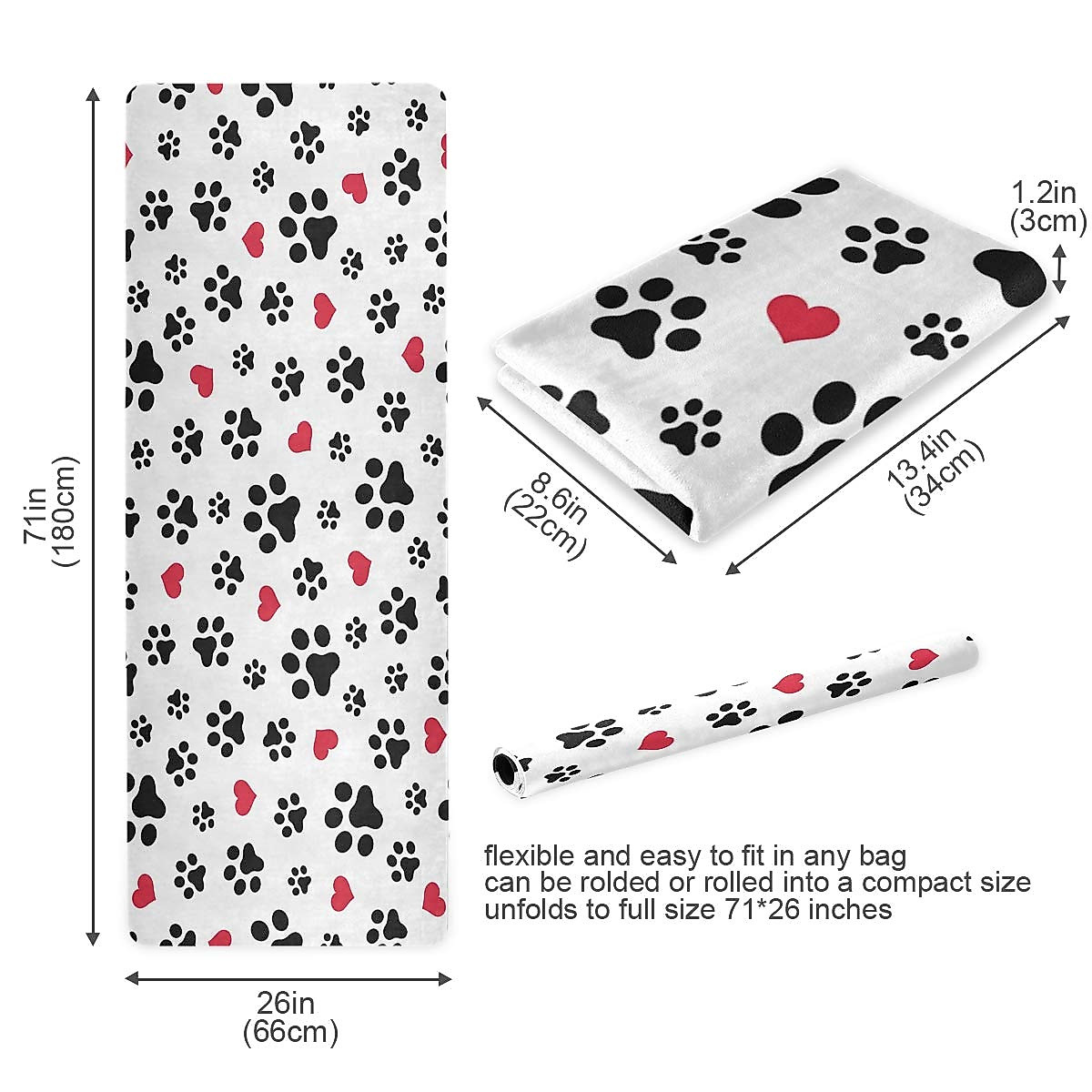 Qilmy Dog Cat Paw Print Yoga Mat | 1mm Extra Thin 71“ Long Non Slip Workout & Fitness Mat with Storage Bag for Yoga, Pilates & Floor Exercises