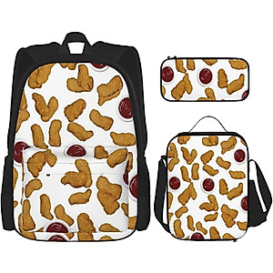 3 Piece Set Backpacks Chicken Nuggets Funny Food Fried Ketchup Pattern Backpack 3 Piece Set for Boys and Girls Cute Axolotl Fish backpack(School Bag + Pencil Case + Lunchbag Set)