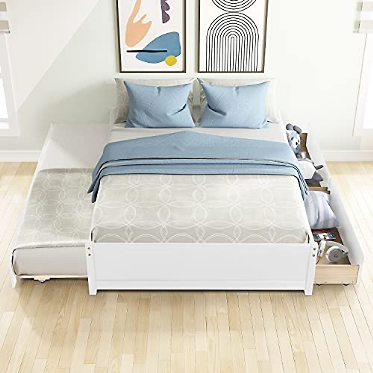 OPTOUGH Full Size Platform Bed with Trundle and 2 Drawers, Solid Wood Full Kids Beds, White