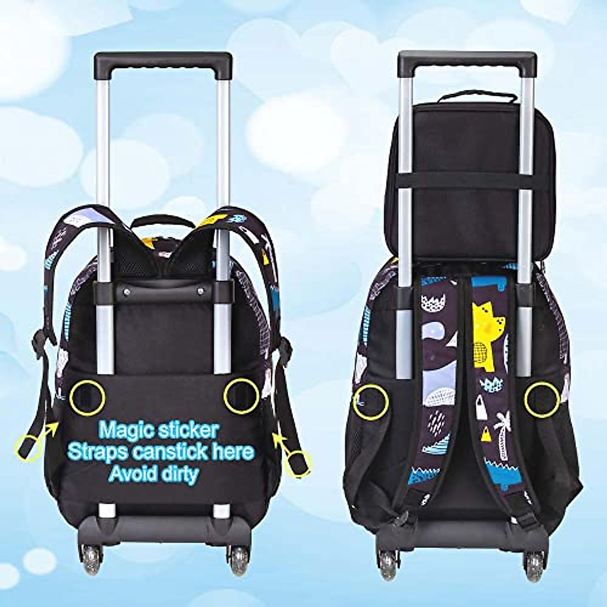 gxtvo Kids Rolling Backpack, Roller Wheels Boys Bookbag - Wheeled Suitcase Elementary School Bag - 3PCS Dinosaur