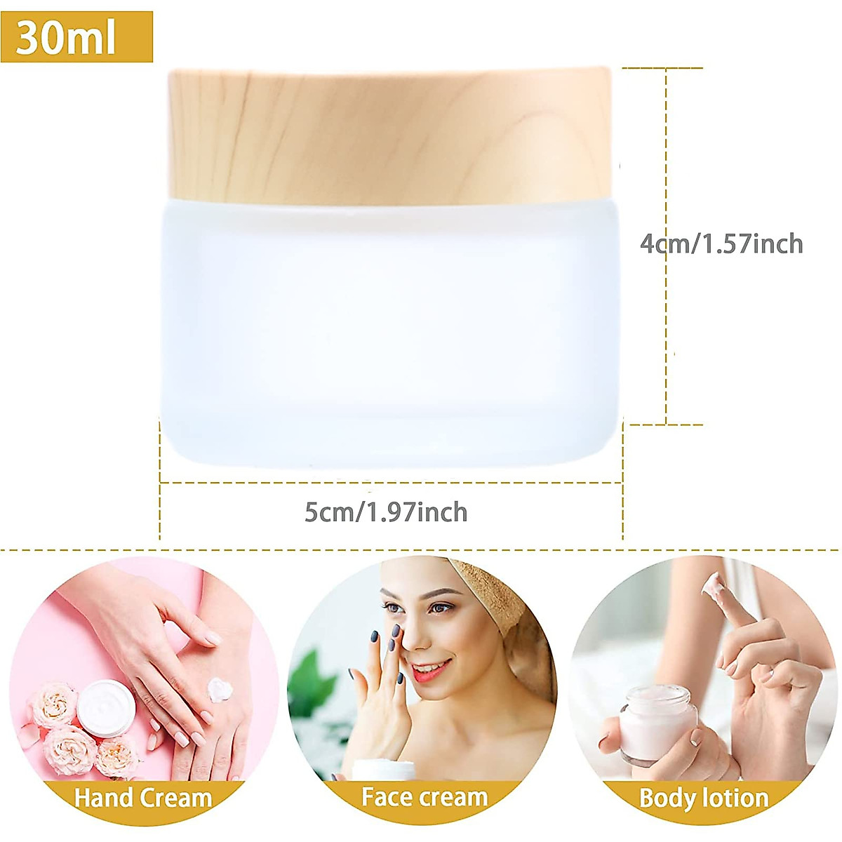 4 Pack 1oz Frosted Glass Cosmetic Cream Jar Bottle Refillable Glass Face Cream Pot Cosmetics Container With Plastic Wood grain lids and Inner Liners For Face Cream Eye Cream Lip Balm Ointments Salves