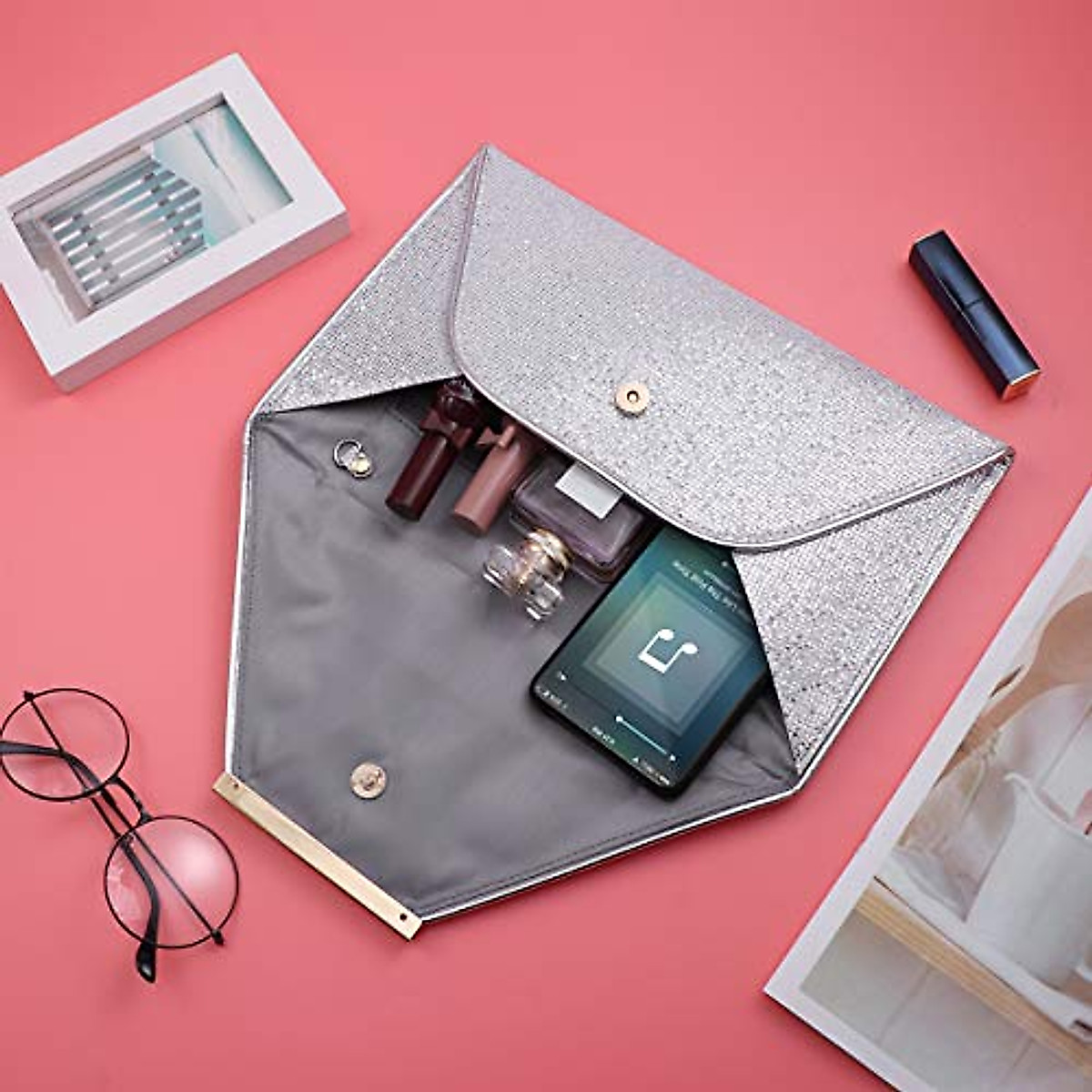 TENDYCOCO Women Evening Clutch Bag Silver Rhinestone Purse Glitter Prom Clutch Purse for Women Ladies