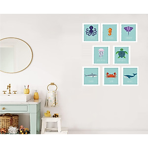 Kindred Sol Collective Ocean Animals Wall Cards, Nautical Nursery Room Decor, Kids Educational Marine Art, Toddler Gift, Set of 8 5x7 inch Prints for Classroom, Daycare and Playroom