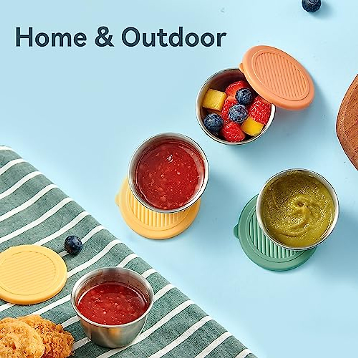 YBOBK HOME 6 Pack Salad Dressing Container To Go, 2.5oz Small Condiment Containers With Silicone Leakproof Lids, Reusable 18/8 Stainless Steel Sauce Container For Bento Lunch Box, Picnic and Travel