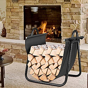 Goplus Firewood Log Holder with Canvas Tote Carrier, Heavy-Duty Firewood Storage Holders Log Bin, Indoor Outdoor Fire Logs Stacker Basket with Kindling Wood Stove Accessories Handle