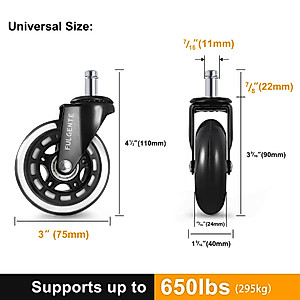 Fulgente Office Chair Caster Wheels(Set of 5), Heavy Duty Protection for Hardwood & Tile Floors Without Mat, Replacement Rubber Chair Casters Universal Fit 7/16 inch -Quick & Quiet Rolling Over Cables