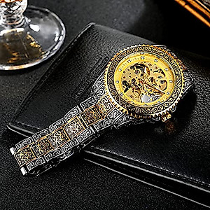 Luxury Men Automatic Mechanical Wristwatch Waterproof Stainless Steel Diamond Watch Golden Skeleton Men's Clock
