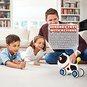 Toddler Pull Toy Walk-A-Long Bulldog Baby Toys Montessori Toys for Aged 2 3 4 5 Years Kid's Pet Puppy Toy with String Rubber Rimmed Wheels | Wearing a Bell | Walking Undulating | Wagging Tail Vivid