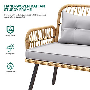 YITAHOME Patio Wicker L-Shaped Furniture Set, All-Weather Rattan Outdoor Conversation Sofa Set for Backyard Deck with Soft Cushions,Ottomans and Plastic Wood Dining Table (Light Brown+Gray)