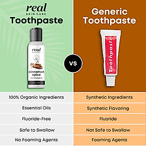 Real Skin Care Coconut Toothpaste | Handmade in The USA | Cinnamon Spice | All Natural Organic Fluoride Free Toothpaste for Healthy Smiles | Flavored Toothpaste for Adults & Kids with Essential Oils
