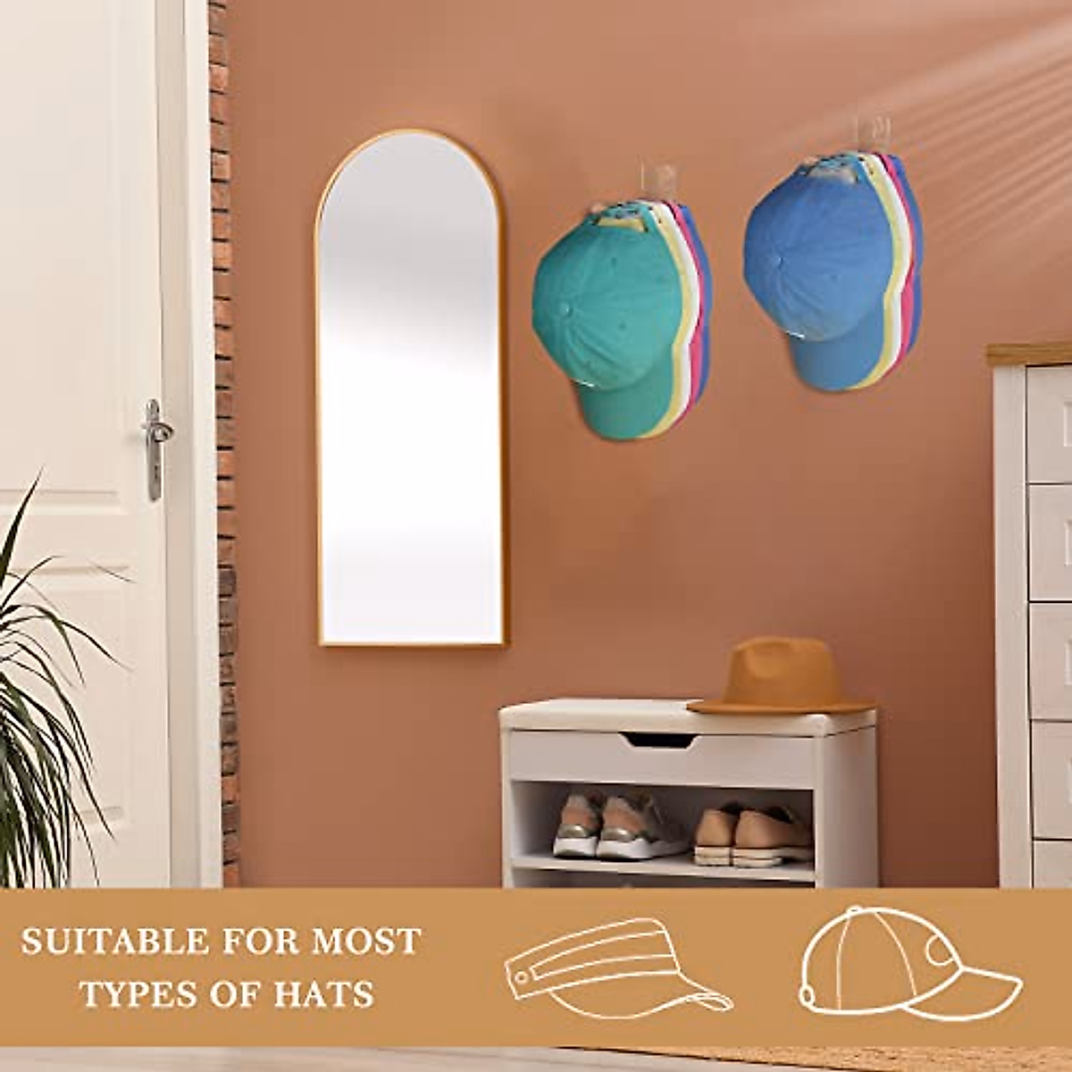 KEVTVEK 5 Pack Wall Mount Hat Racks for Baseball Caps, Strong Adhesive Hat Hooks Cap Holder, Easy Installation Acrylic Hat Storage Organizer, Multipurpose Hat Hangers for Wall, Closet, Door, Bedroom