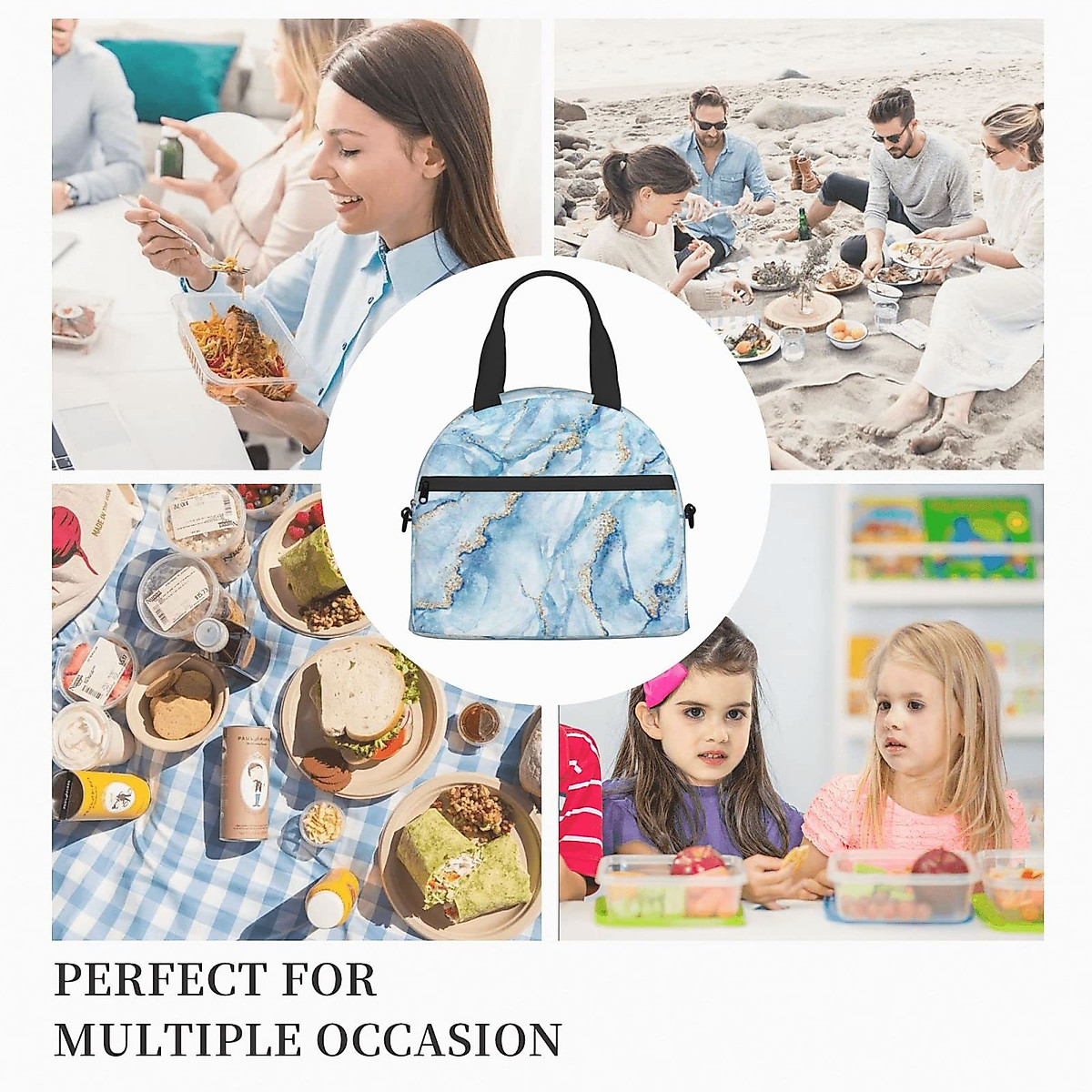 Blue Marble With Gold Glitter Marbling Texture Lunch Bag Reusable Insulated Lunch Tote Bag Lunchbox Container With Adjustable Shoulder Strap For Office Work School Picnic Travel