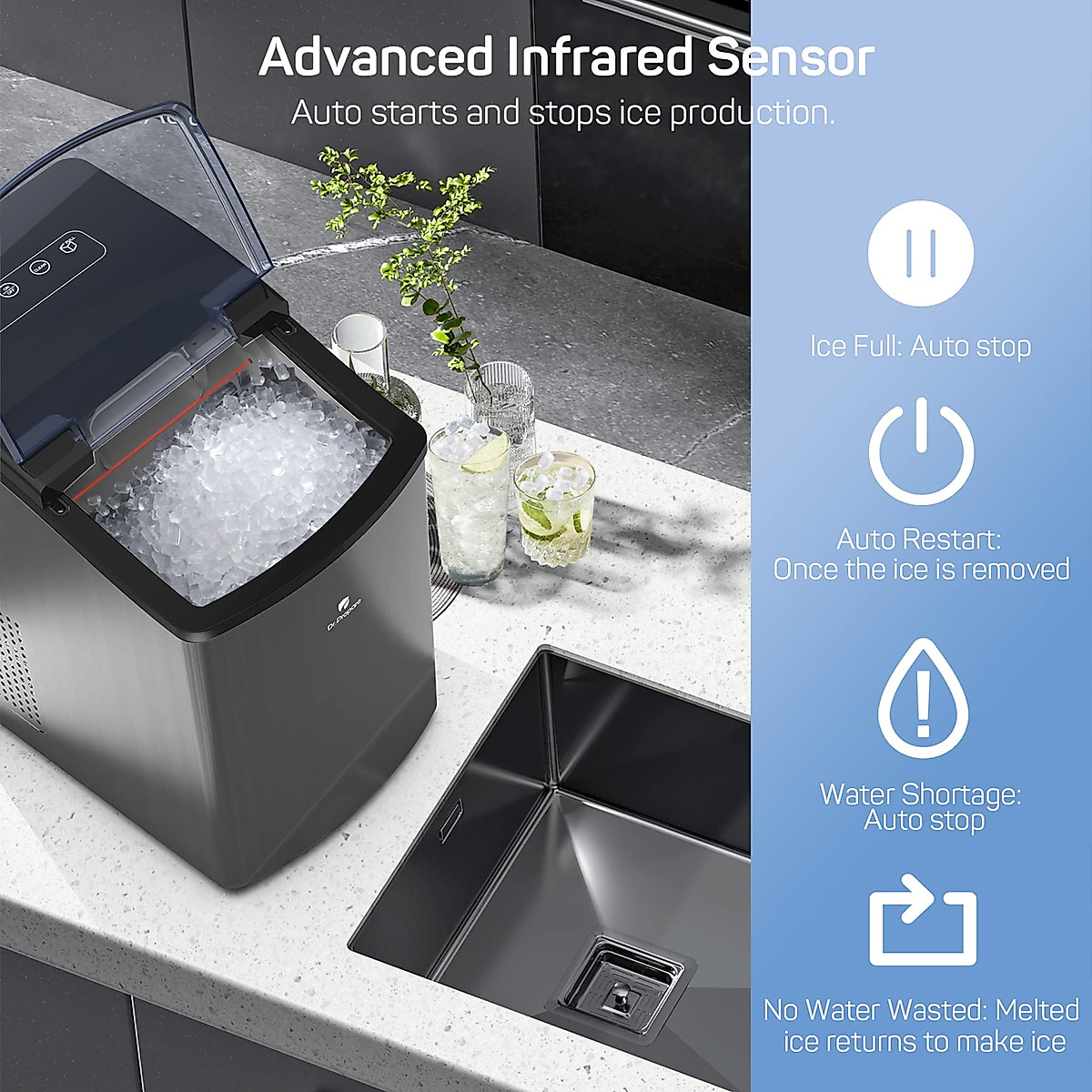 Dr.Prepare Countertop Nugget Ice Maker, Pebble Ice Machine, Produces Ice in 8 Mins, 40 lbs Per Day, 3.2L Large Water Tank, Self Cleaning, for Home, Office and Bar