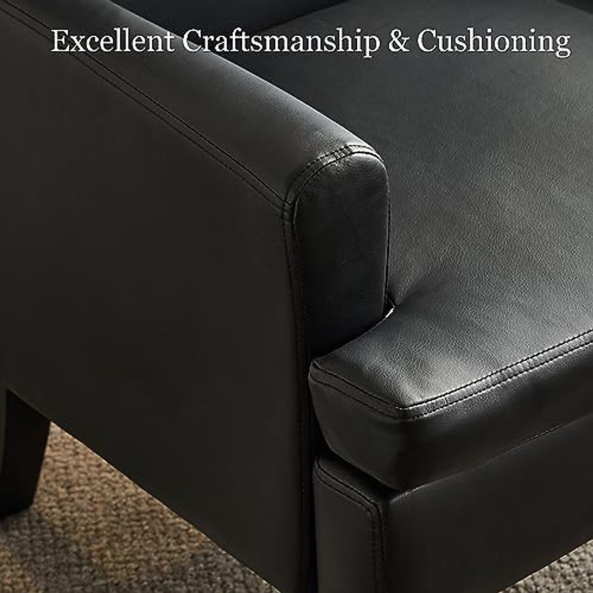 LOVSPATIO Faux Leather Accent Chair, Mid-Century Upholstered Living Room Chairs, Comfy Single Recliner Sofa with Arm and Wood Legs for Bedroom Waiting Room Office - Black