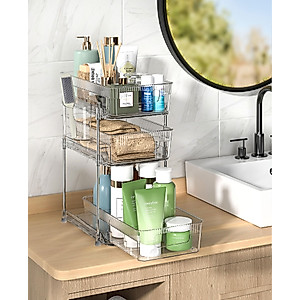 2 Pcs 3 Tier Clear Bathroom Organizer with Dividers, Multi-Purpose Pull-Out Pantry Organization and Storage, Under Sink Closet Organizers and Storage