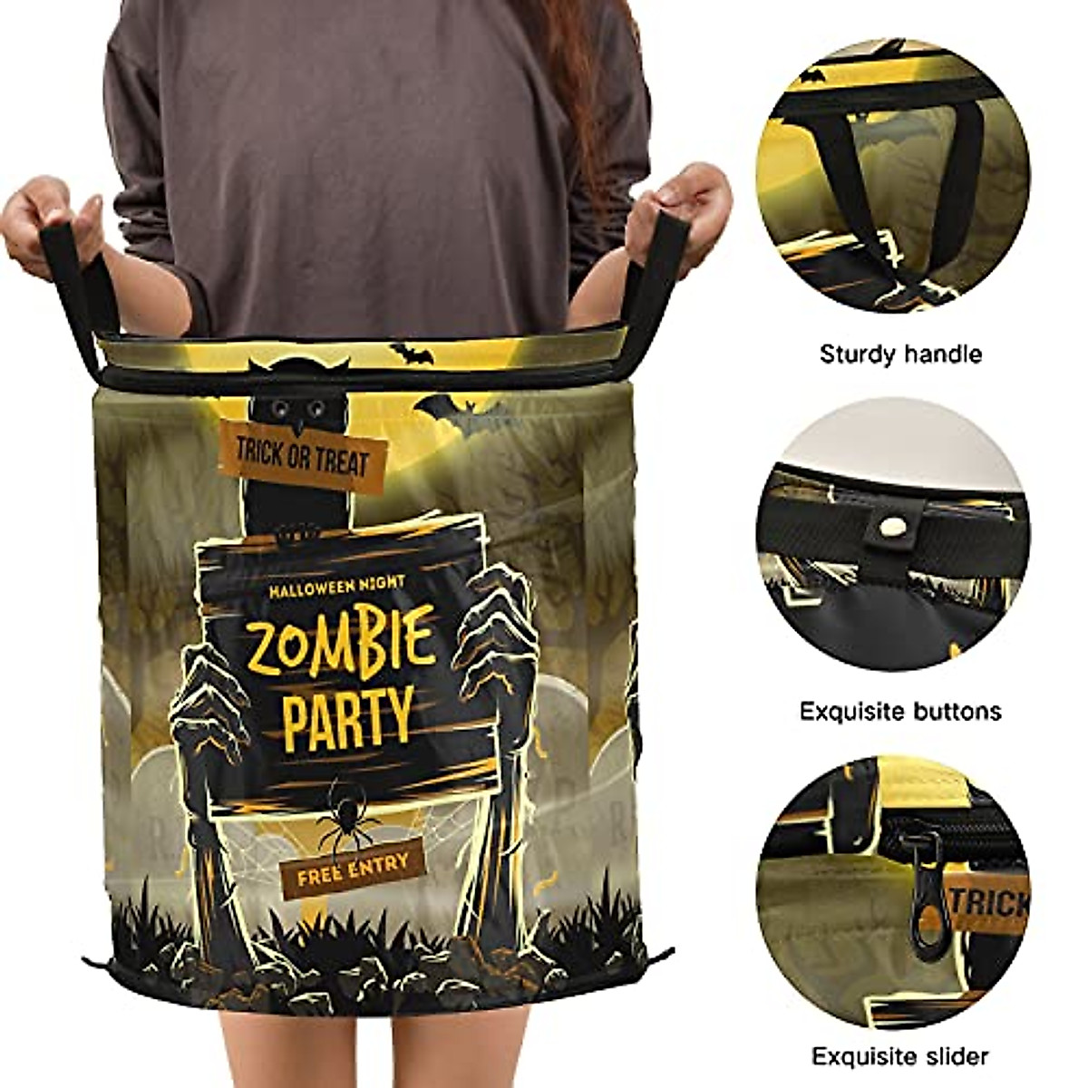 Happy Halloween Zombie Owl Moon Pop Up Laundry Hamper with Lid Foldable Storage Basket Collapsible Laundry Bag for Camping Home Organization