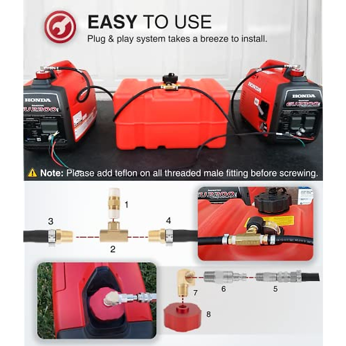 HND1.2CD Dual System Extended Run Generator Fuel Kit for Honda EU1000i, EU2000i, EU2200i, Polaris P1000i, Champion 2000, Generac and Kipor Generators (Without Fuel Tank)