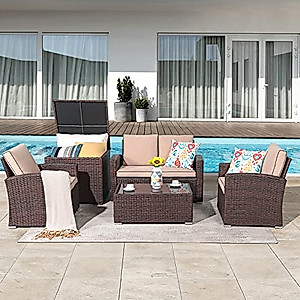 JOIVI PE Wicker Patio Furniture Set, 5 Piece Outdoor Sectional Conversation Sofa Set with Storage Box, Brown Rattan Loveseat Couch Sofa and Tempered Glass Table, Beige Cushions