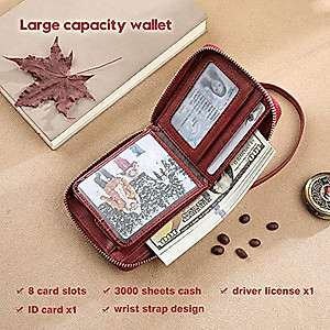 MANBANG RFID Wallets for women Genuine Leather Zipper Purses Secure Large Capacity Multi-card Wallets Clutch Travel Wristlet (Red)