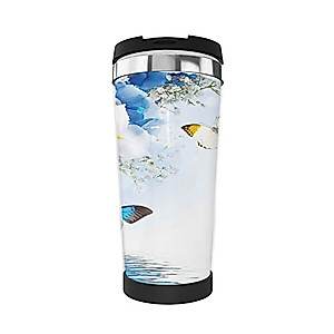 SARNFANS Floral Coffee Mugs for Women,Flowers Butterflies Lake Spa,Stainless Steel Vacuum Insulated Double Wall Travel Tumbler, Durable Insulated Coffee Mug, Thermal Cup with Lid Blue White