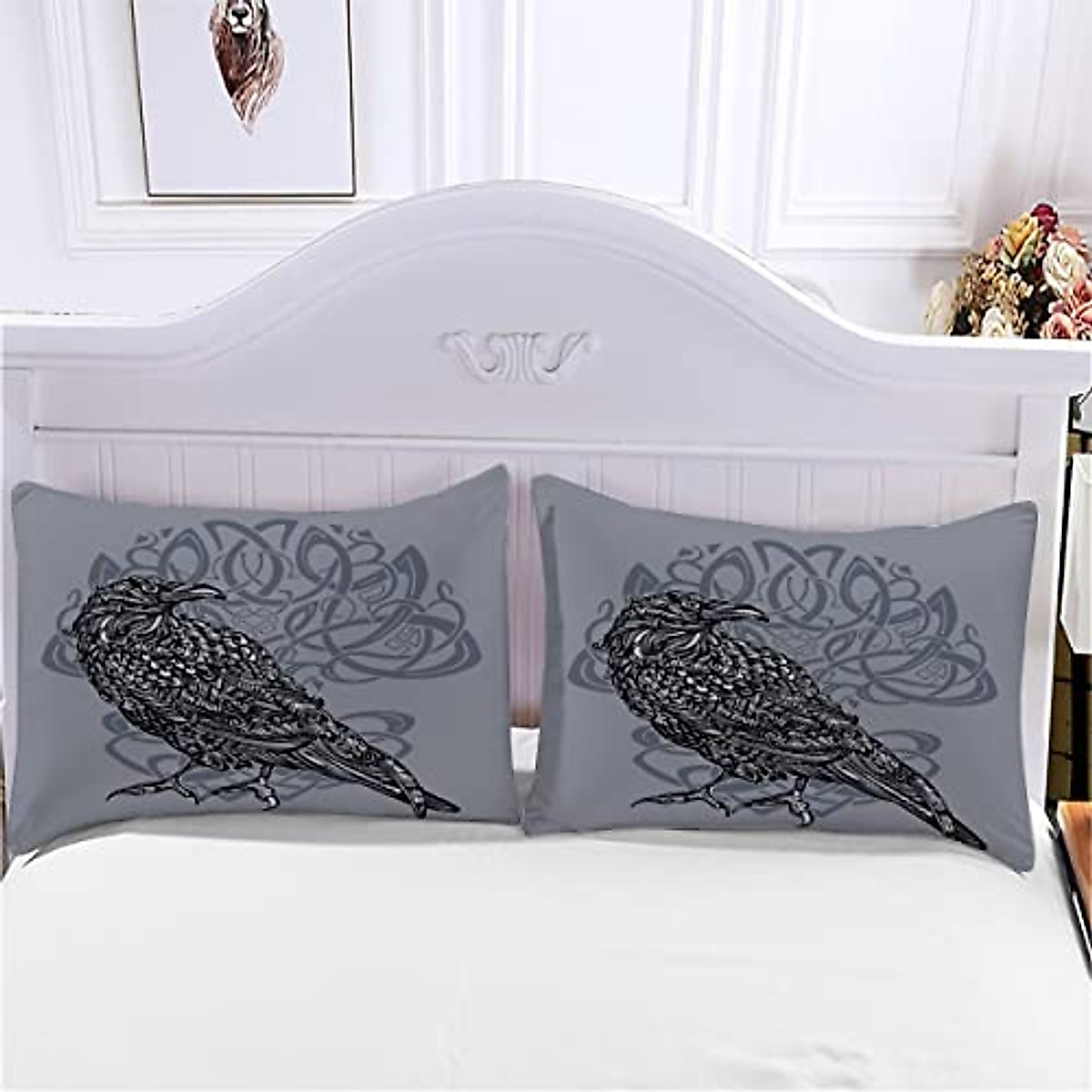 Quilt Cover Full Size Odin, Crow 3D Bedding Sets Viking, Nordic Duvet Cover Breathable Hypoallergenic Stain Wrinkle Resistant Microfiber with Zipper Closure,beding Set with 2 Pillowcase