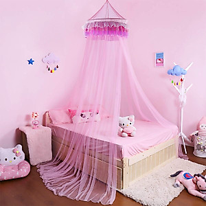 Goplus Princess Bed Canopy Netting Dome with Elegant Ruffle Lace for Girls and Baby Room Decor, Bed Curtains Mosquito Net for Twin, Full, Queen Size Beds, Pink