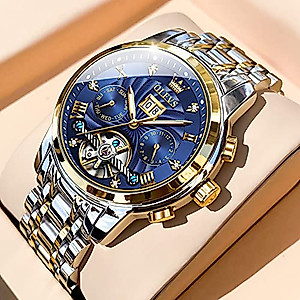 OLEVS Men Automatic Watch Skeleton 5 Hands Mechanical Blue Classic Luxury Multi Calendar Stainless Steel Waterproof Wrist for