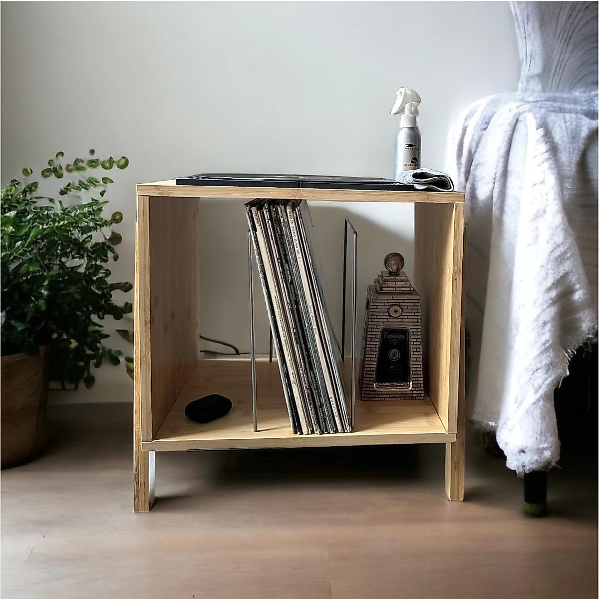 Turnable Stand with Record Storage - Stackable Bamboo Record Player Stand with Storage for 12" Vinyl Albums Turntable Cabinet Nightstand - Living Room Bedroom Sofa Couch Bed Side Night Stand