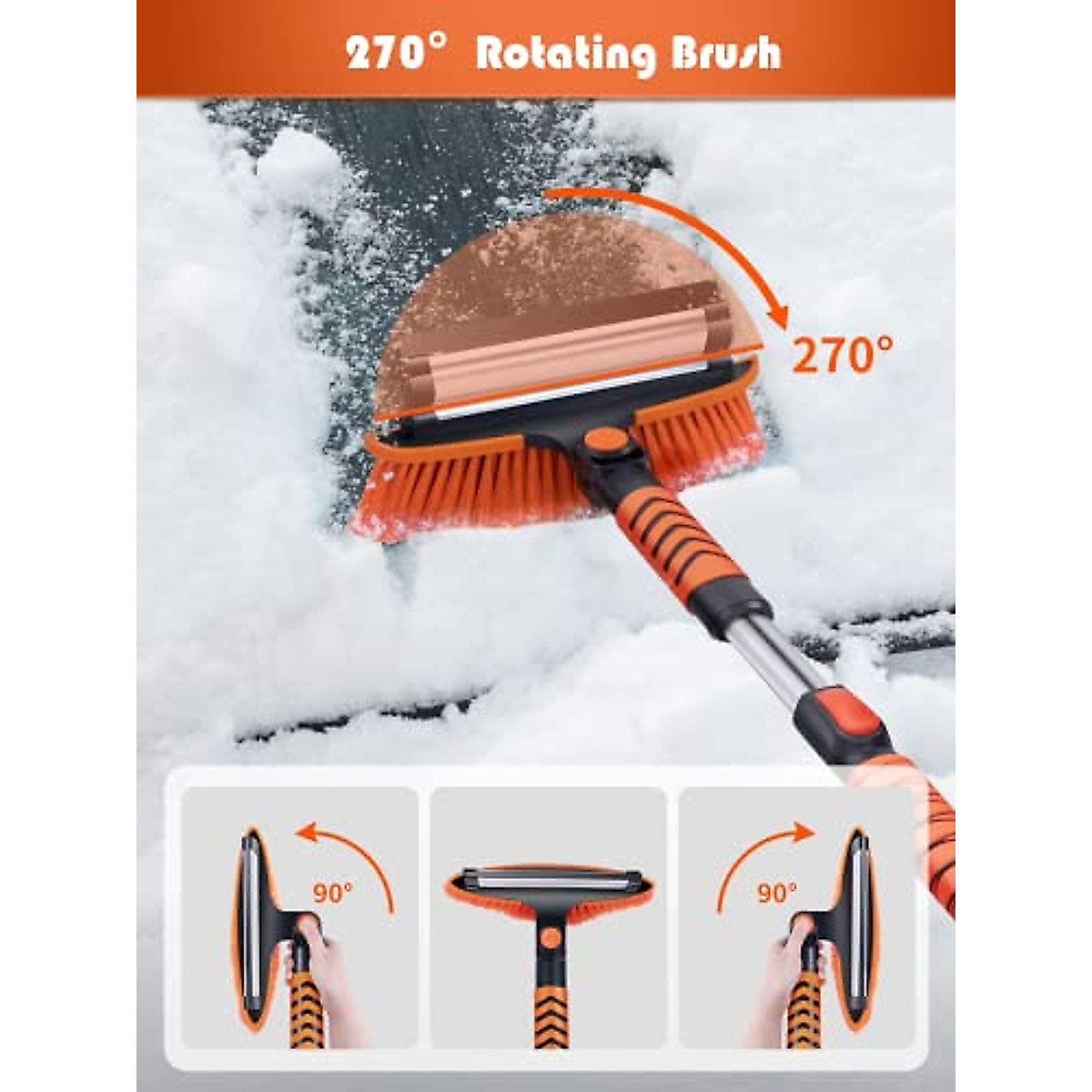 WARSUN 41.5" Snow Brush Ice Scraper for Car Windshield 3 in 1 with Squeegee Extendable Aluminum Handle Adjustable Length 34-41.5" 270° Pivoting Snow Scraper for Car Truck SUV