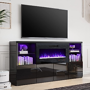 LUXOAK Fireplace TV Stand for TVs up to 75", Modern High Gloss Entertainment Center with 40" Fireplace, 4 Shelves & Storage Cabinets, Media Console Table 68 Inches, Black