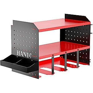 HANDT Power Tool Organizer, Wall Mount Drill Holder Garage Storage Rack, Pegboard Screwdriver Holder with Magnet Bar & Organization Bin, Cordless Drill Battery Charging Station Utility Shelf, Red