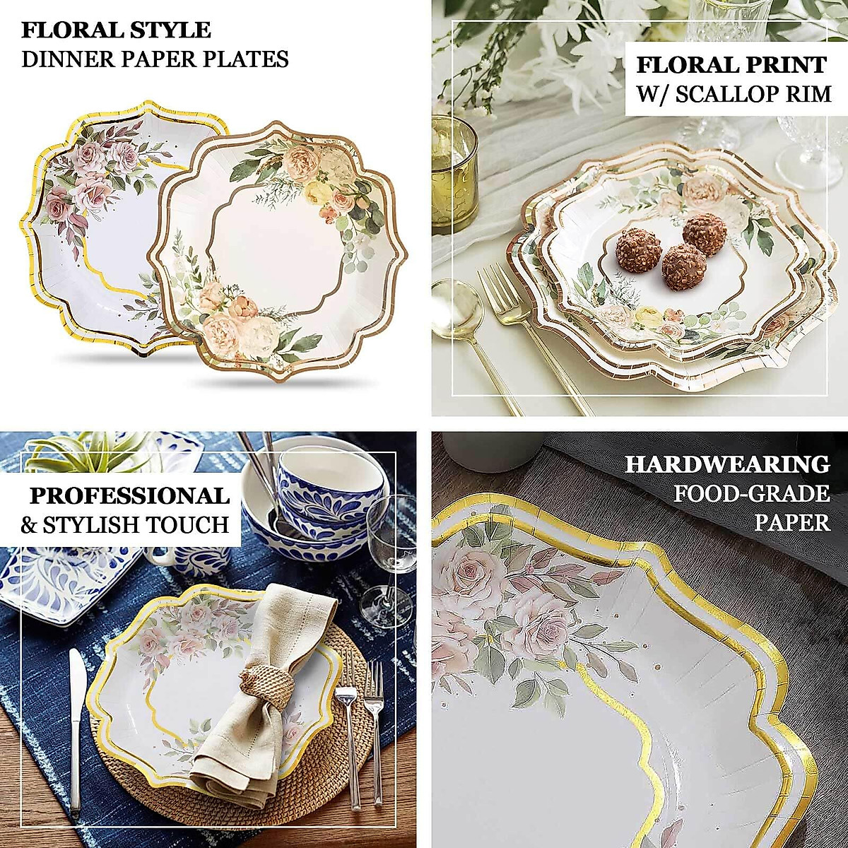 Efavormart 25 Pack | Floral 10" Scallop Rim Dinner Party Paper Plates, Disposable Plates - 300 GSM