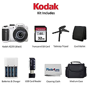 Kodak PIXPRO AZ255 Digital Camera (White) + Point & Shoot Camera Case + Transcend 32GB SD Memory Card + Rechargeable Batteries & Charger + USB Card Reader + Table Tripod + Accessories