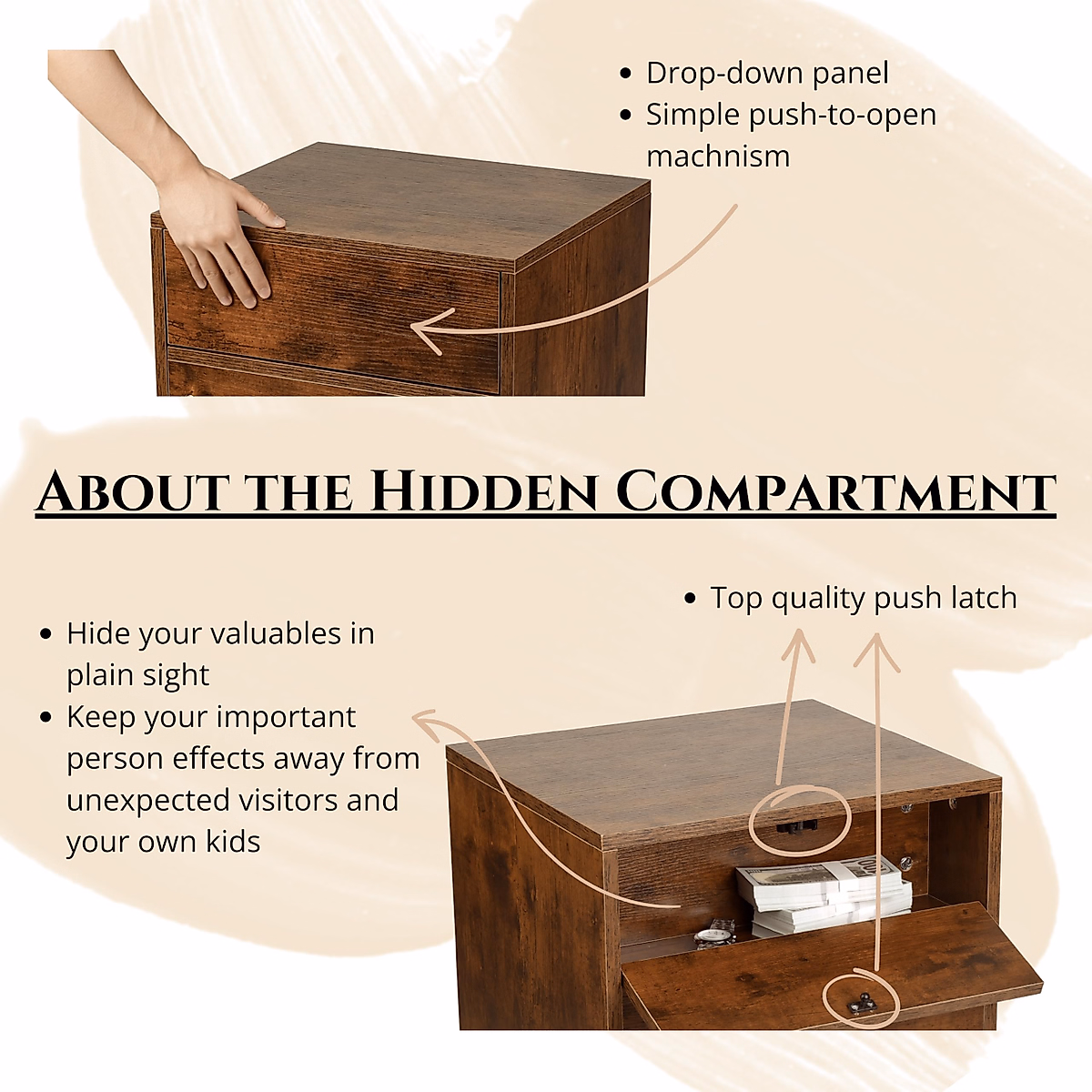 Nightstand with Hidden Compartment | Mid Century Modern Nightstand with Concealed Storage | Vintage Bedside Table | Perfect for Storing Small Valuables (1, Brown, Large)