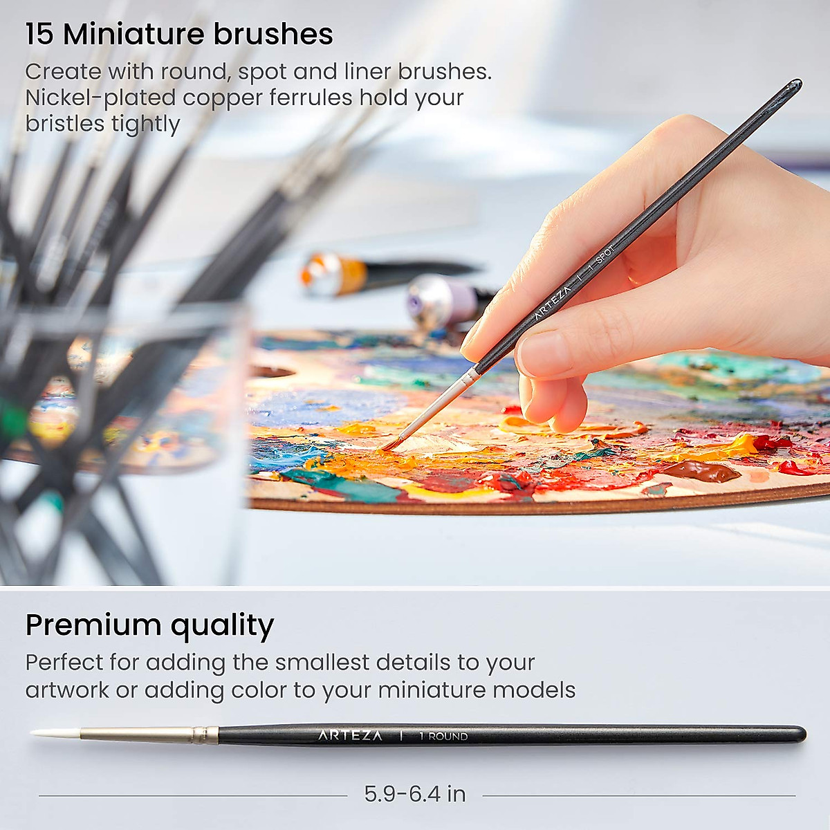 Arteza Acrylic Painting Art Set, 12 Colors Acrylic Paint, 15 Detail Brushes and 7x8.6 Inches Foldable Canvas Paper Pad Bundle, Art Supplies for Artists & Hobby Painters