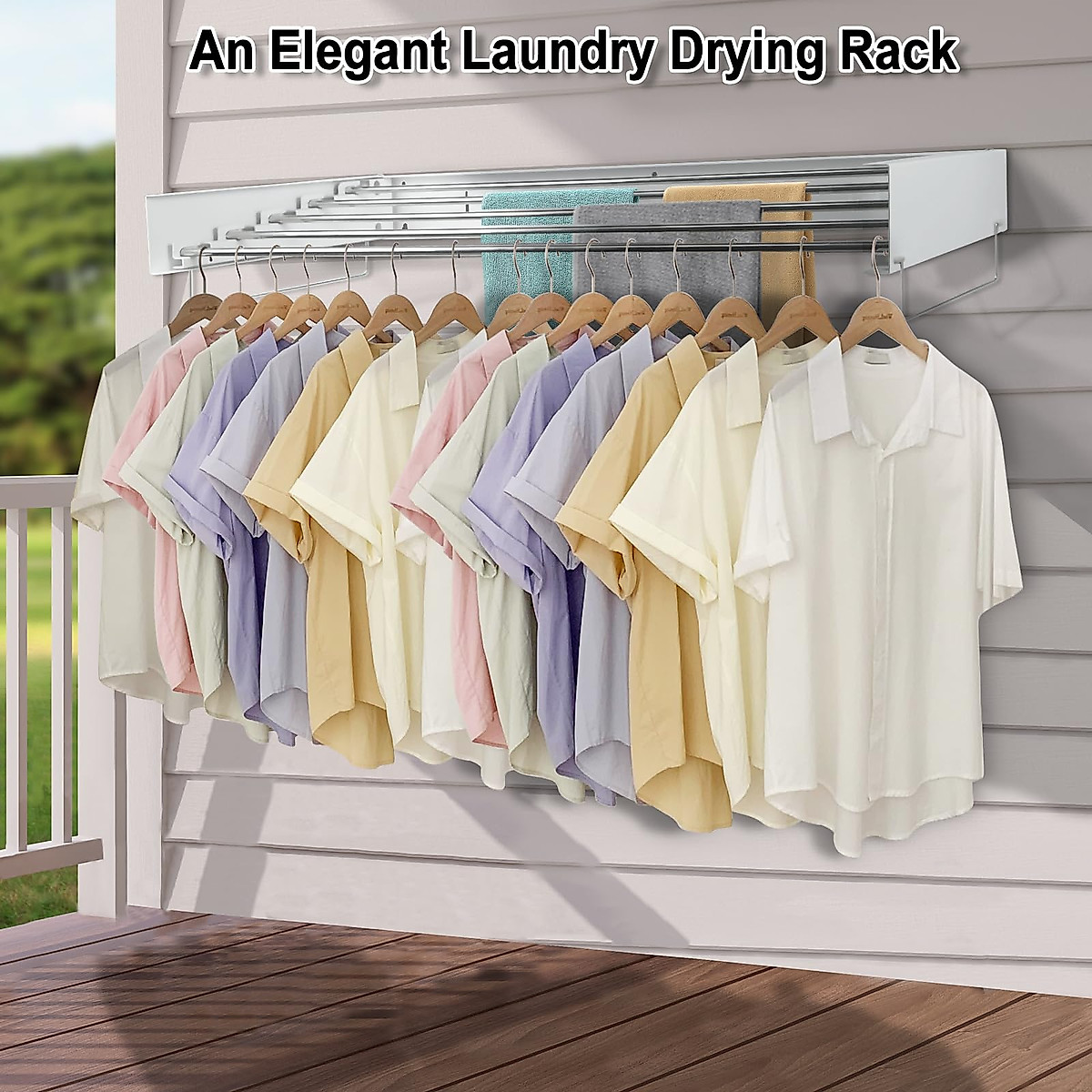 CROSDE Clothes Drying Rack Foldable, Wall Mounted Retractable Clothing Laundry Rack, Space Saving Heavy Duty Hanger Dryer Rack for Indoor Outdoor, 110 lb Capacity (Silver 32'')