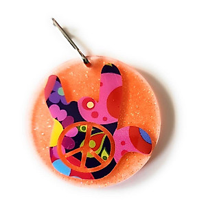ORANGE FLOWER POWER PEACE & LOVE 2IN ROUND RESIN & ACRYLIC ZIPPER PULL BACKPACK CHARM - HANDMADE - FREE STANDARD SHIPPING
