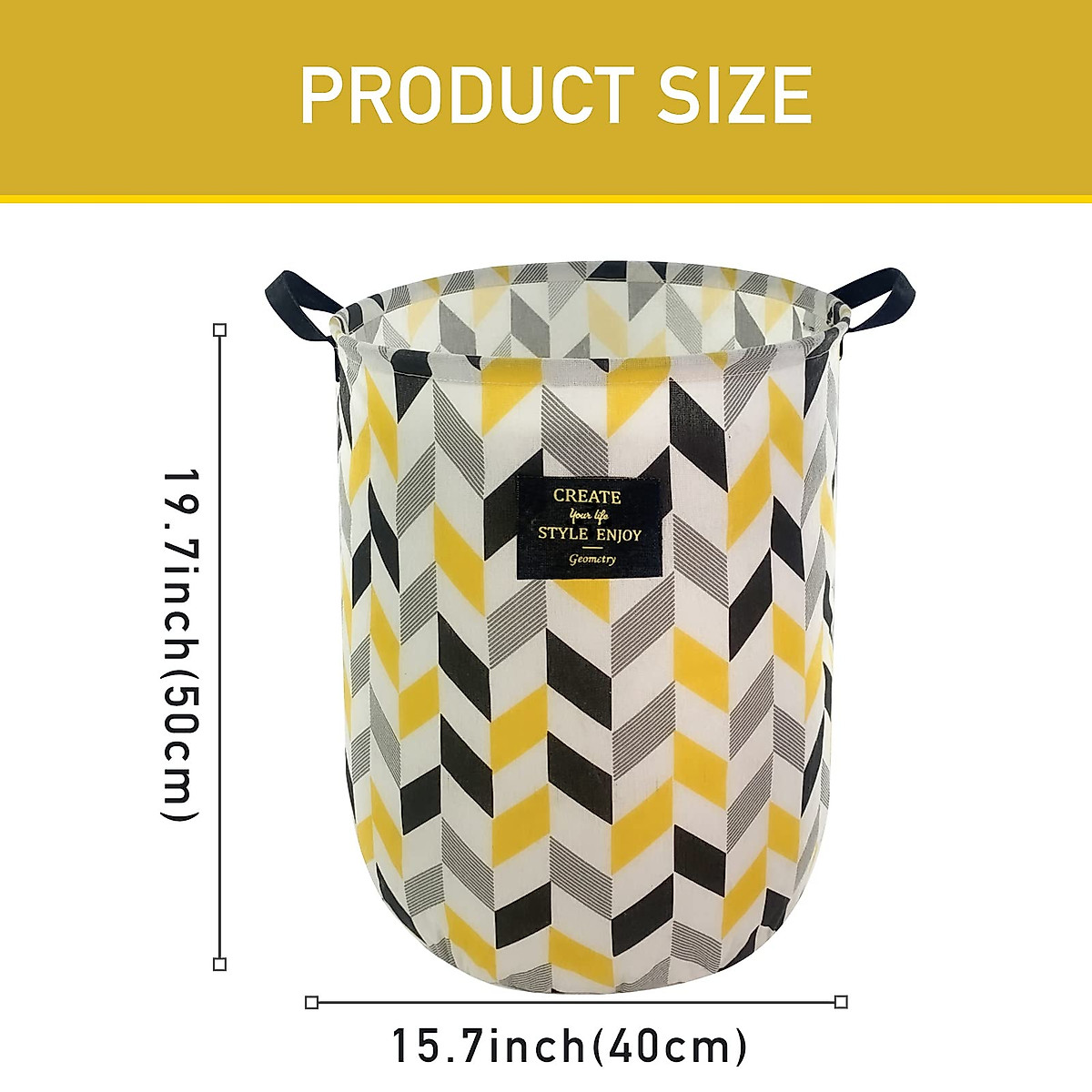 SineGux 19.7 Inches Large Laundry Basket Clothes Hamper Foldable Canvas Fabric Storage Basket Waterproof Collapsible Storage Bin with Handles for Bedroom Nursery Toys Organizer (Geometric Yellow)